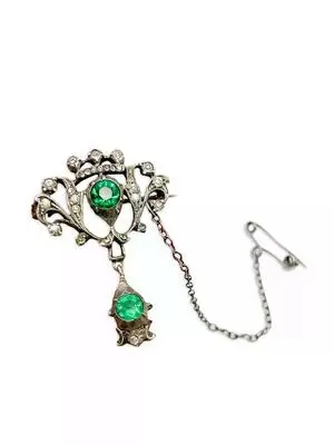 JENNIFER GIBSON JEWELLERY Vintage Austro-hungarian Emerald And Diamond Brooch With Chain