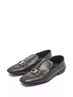 FERRAGAMO Leather Square Toe Loafers With Gold Buckle Embellishment