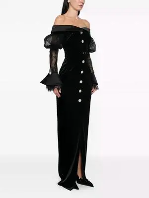 SILK LOVE & LACE Andrea Velvet Maxi Dress With Lace Sleeves - Black