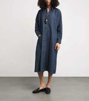 Eskandar Denim Side-seam Midi Shirt Dress