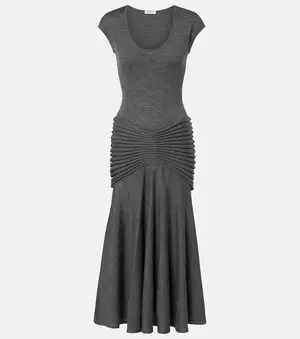 Alaïa Knitted Pleated Wool Midi Dress - Grey