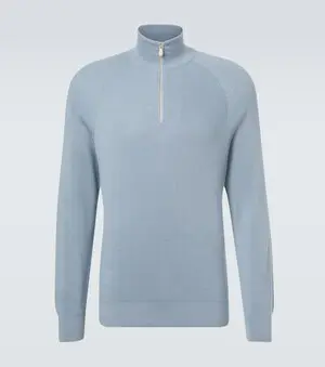 Brunello Cucinelli Ribbed-knit Cotton Quarter Zip Sweater - Blue