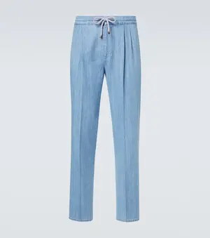 Brunello Cucinelli Pleated Straight Cotton Trousers - Blue