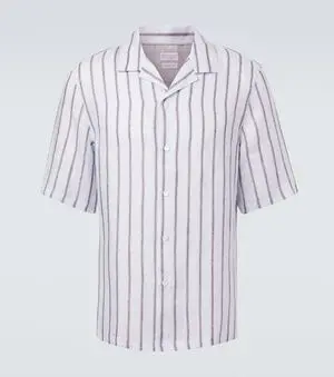 Brunello Cucinelli Striped Linen Bowling Shirt - Blue
