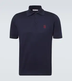 Brunello Cucinelli Embroidered Cotton Pique Polo Shirt - Blue