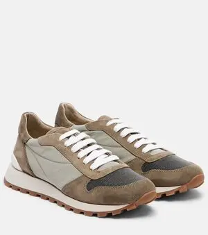 Brunello Cucinelli Monili Suede And Fabric Lace-up Sneakers - Green