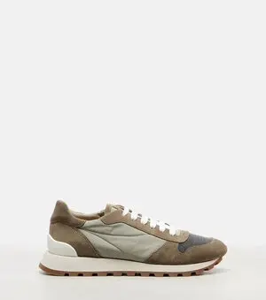 Brunello Cucinelli Monili Suede And Fabric Lace-up Sneakers