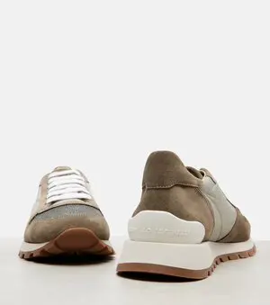 Brunello Cucinelli Monili Suede And Fabric Lace-up Sneakers