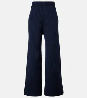 Brunello Cucinelli Ribbed-knit Wool And Cashmere Wide-leg Pants - Blue
