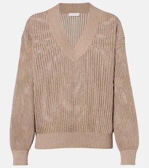 Brunello Cucinelli Cotton-blend Lame V-neck Sweater