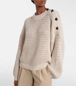 Brunello Cucinelli Cotton-blend Sweater With Buttoned Shoulder - Beige