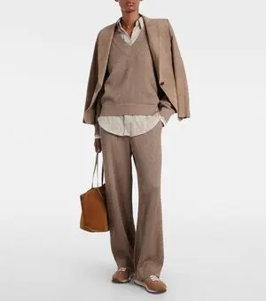 Brunello Cucinelli Ribbed-knit Cotton-blend Wide-leg Trousers