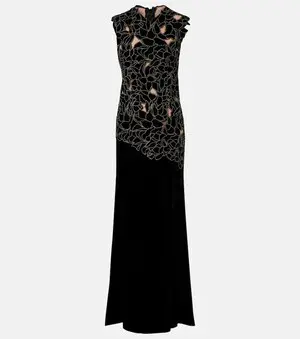 Costarellos Serisa Embellished Lace-trimmed Velvet Gown - Black