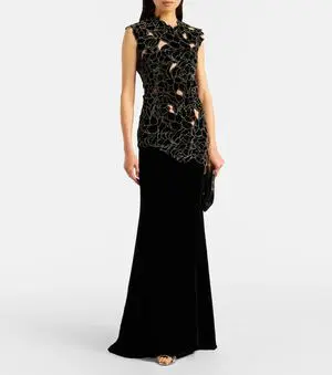 Costarellos Serisa Embellished Lace-trimmed Velvet Gown