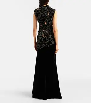 Costarellos Serisa Embellished Lace-trimmed Velvet Gown