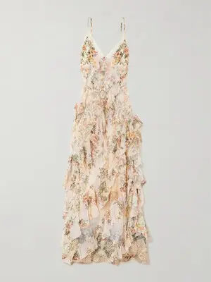 Camilla Lace-trimmed Ruffled Floral-print Silk-chiffon Maxi Dress - Multi
