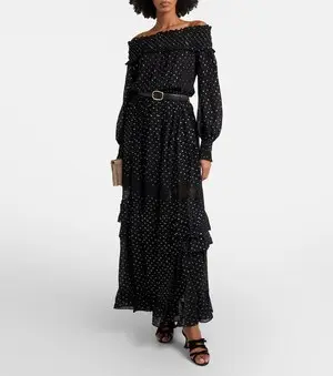 SELF-PORTRAIT Lace-trimmed Polka-dot Chiffon Maxi Skirt