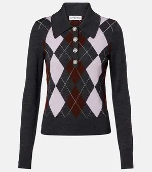 SELF-PORTRAIT Argyle Wool Polo Sweater - Grey