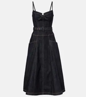 SELF-PORTRAIT Belted Denim Bustier Dress - Blue