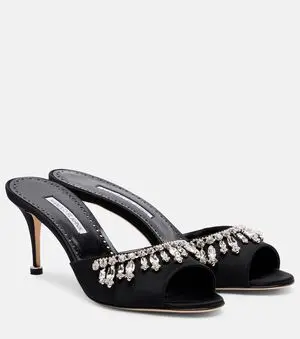 Manolo Blahnik Embellished Satin Mules - Black