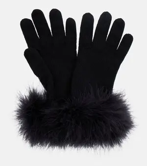 Valentino Garavani Vlogo Feather-trimmed Virgin Wool Gloves - Black
