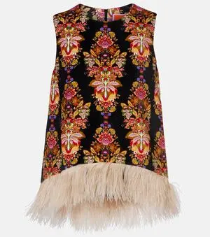 La DoubleJ La Scala' Feather-trimmed Printed Cotton Top - Multicoloured