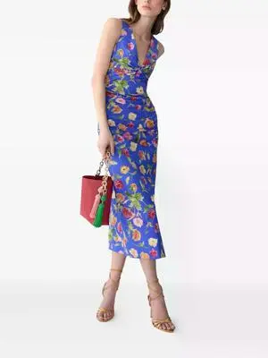 Carolina Herrera Floral Print Gathered Midi Dress - Blue
