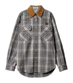 Miu Miu Cotton Flannel Shirt With Corduroy Collar - Grey