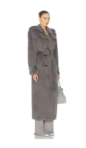 HELSA Faux Fur Long Trench Coat - Grey