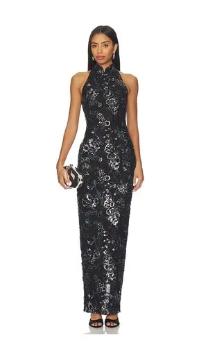 SAU LEE Allover Sequin Floral Maxi Dress - Black
