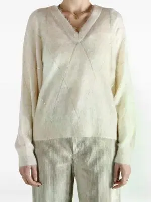 Brunello Cucinelli V-neck Argyle Sequin Embellished Sweater