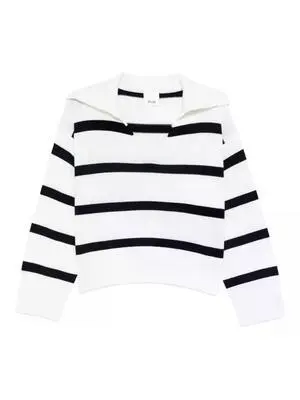 ALLUDE Striped V-neck Knit Sweater - White