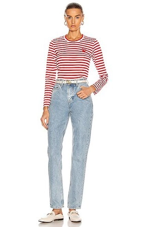 Play Comme Des Garcon Striped Cotton Emblem Long Sleeve Tee