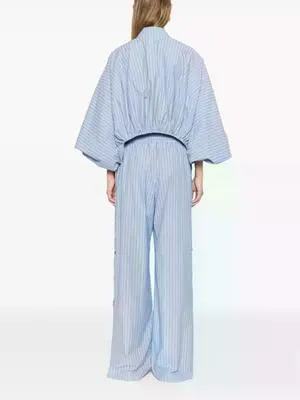 Zimmermann Striped Mandarin Collar Shirt With Gold-tone Button And Drawstring Detail