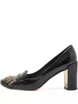 LOUIS VUITTON Patent Leather Block Heel Loafers With Gold Tone Embellishments And Fringe