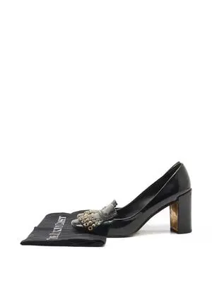 LOUIS VUITTON Patent Leather Block Heel Loafers With Gold Tone Embellishments And Fringe