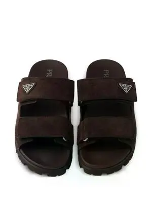 Prada Suede Triangle Logo Sandals - Brown