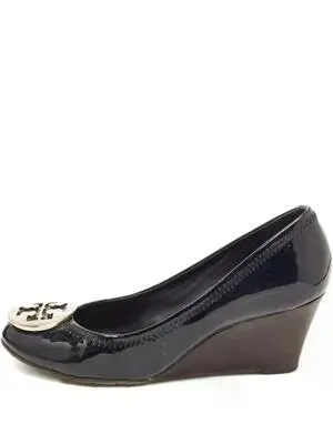 Tory Burch Navy Patent Leather Embellished Wedge Pumps - Blue