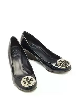 Tory Burch Navy Patent Leather Embellished Wedge Pumps