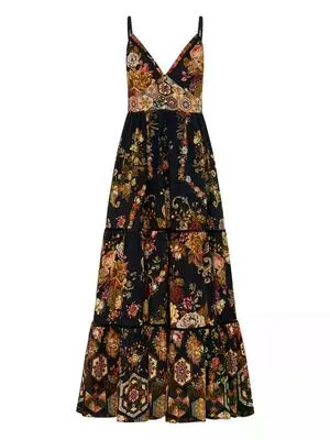 Camilla V-neck Floral Print Tiered Maxi Dress - Black