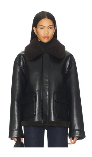 LOVERS AND FRIENDS Faux Leather Jacket With Shearling Trim - Black