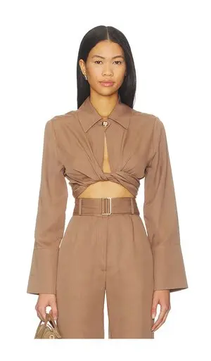 Matthew Bruch Collared Long Sleeve Wrap Top - Brown