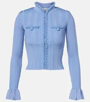 SELF-PORTRAIT Beaded Ribbed-knit Cardigan - Blue