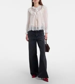 SELF-PORTRAIT Gathered Georgette And Lace Blouse
