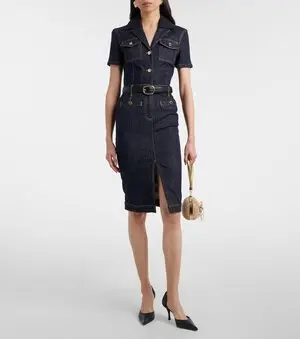 SELF-PORTRAIT Belted Denim Midi Dress