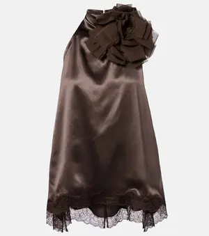 Magda Butrym Silk Satin Floral Applique Lace Trimmed Top - Brown