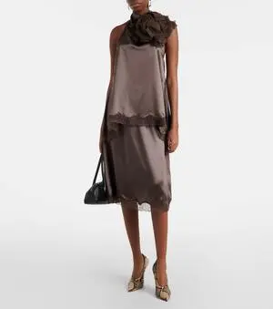 Magda Butrym Silk Satin Floral Applique Lace Trimmed Top - Brown