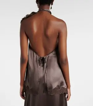 Magda Butrym Silk Satin Floral Applique Lace Trimmed Top - Brown