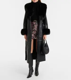 SELF-PORTRAIT Belted Leather Coat With Fur Trim