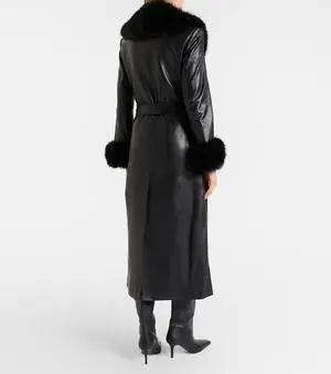 SELF-PORTRAIT Belted Leather Coat With Fur Trim
